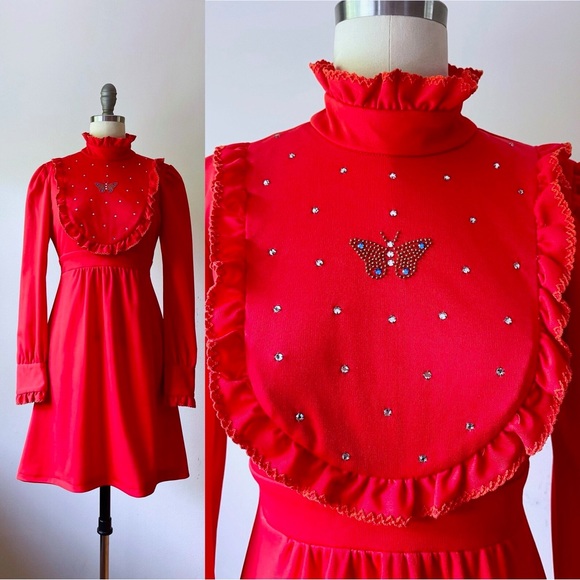 Dresses | Vintage 6s Red Ruffled Mini Dress With Rhinestone Butterfly ...
